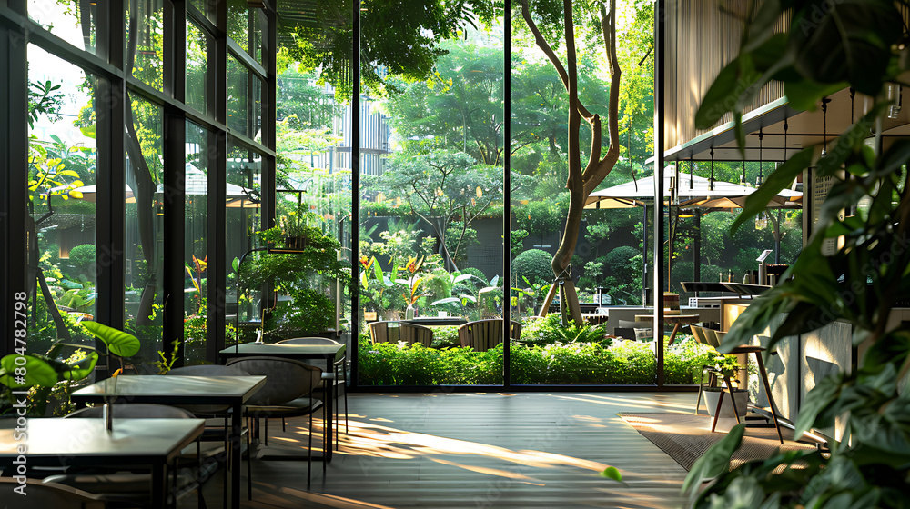 Coffee shop with botanical elements, glass wall, greenery and inviting ...