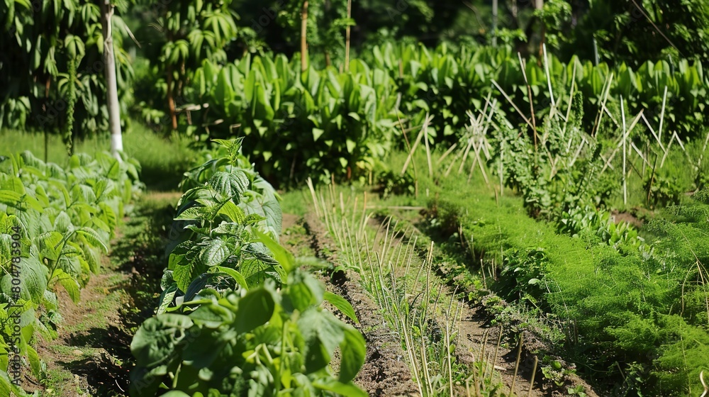 Agroforestry plot with mixed crops, close up on interplanted trees and ...