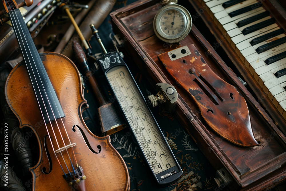 Show a metronome placed alongside various musical instruments like a ...