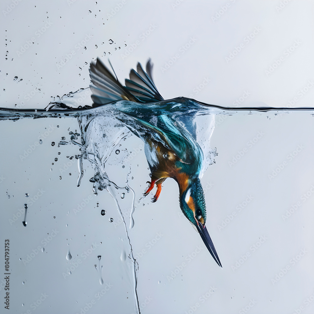 The vibrant blue kingfisher bird diving underwater with precision and ...