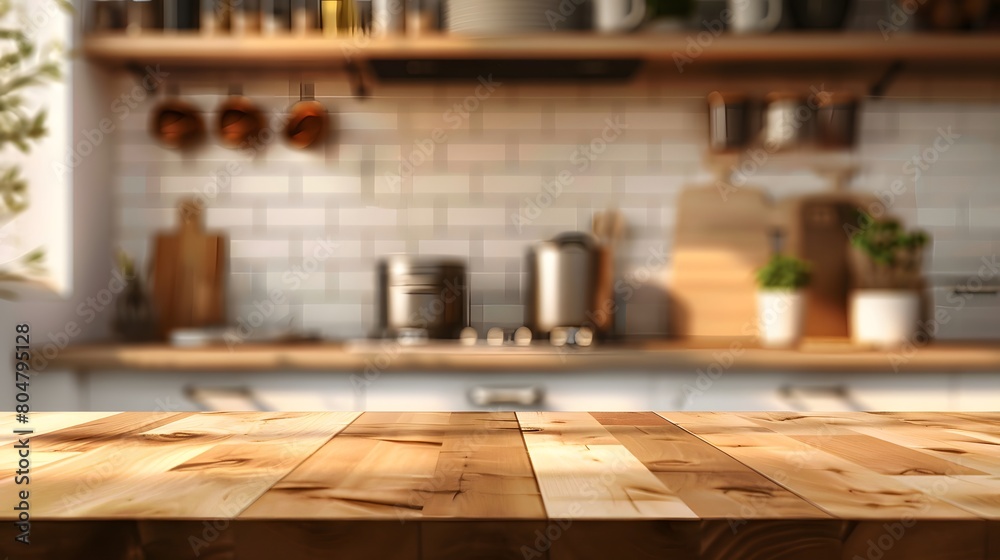 Wood table top on blurred kitchen background. can be used mock up for ...