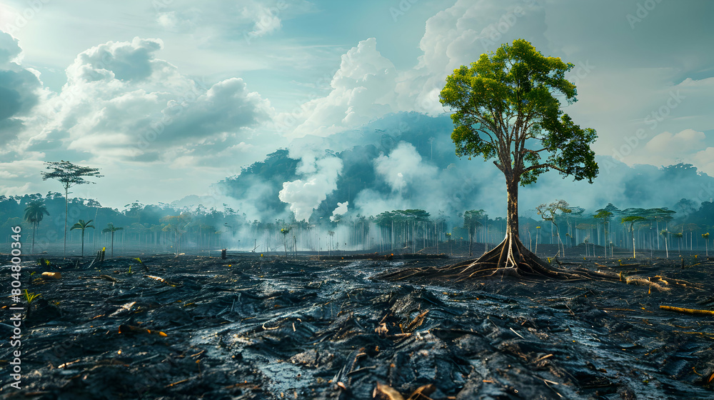 ภาพประกอบสต็อก Photo real as Deforestation Dangers concept: Raise ...