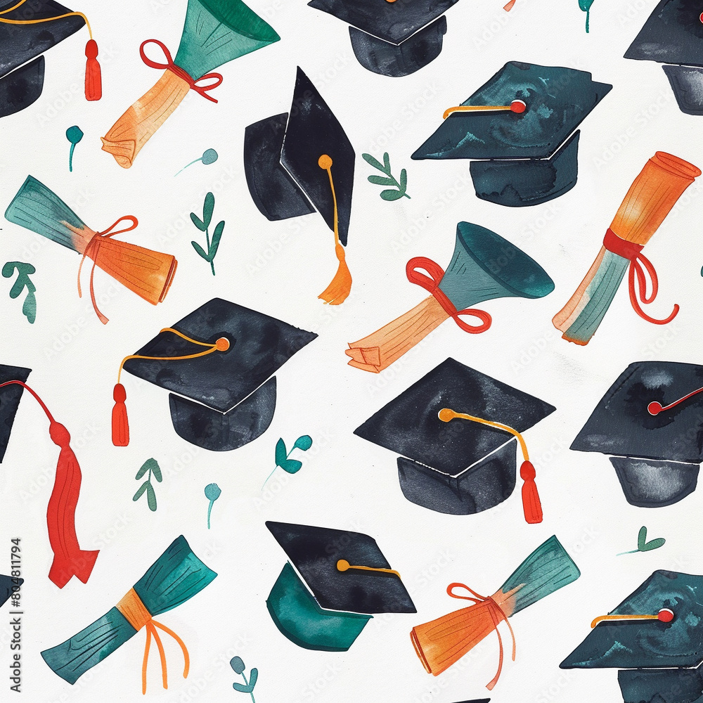 Watercolor painting of graduation caps and tassels is displayed on a ...