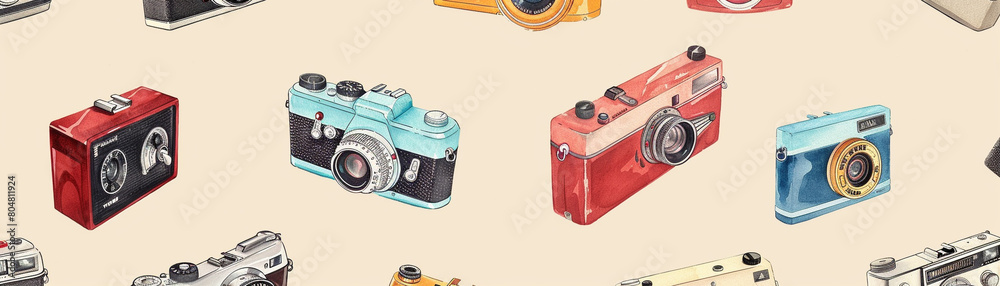 Watercolor painting of a collection of vintage cameras are displayed in ...