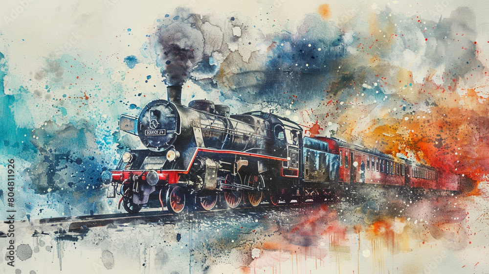Watercolor painting of a train is traveling down the tracks with a ...
