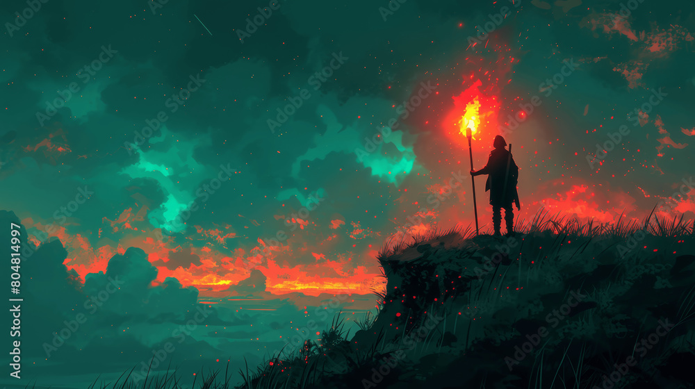 Vector Illustration of Man Holding Torch on Hill with Epic Fantasy Game ...