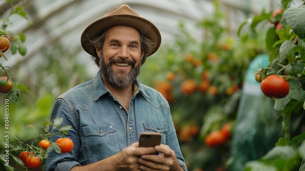 Smiling farmer using smartphone in a lush tomato greenhouse, reflecting ...