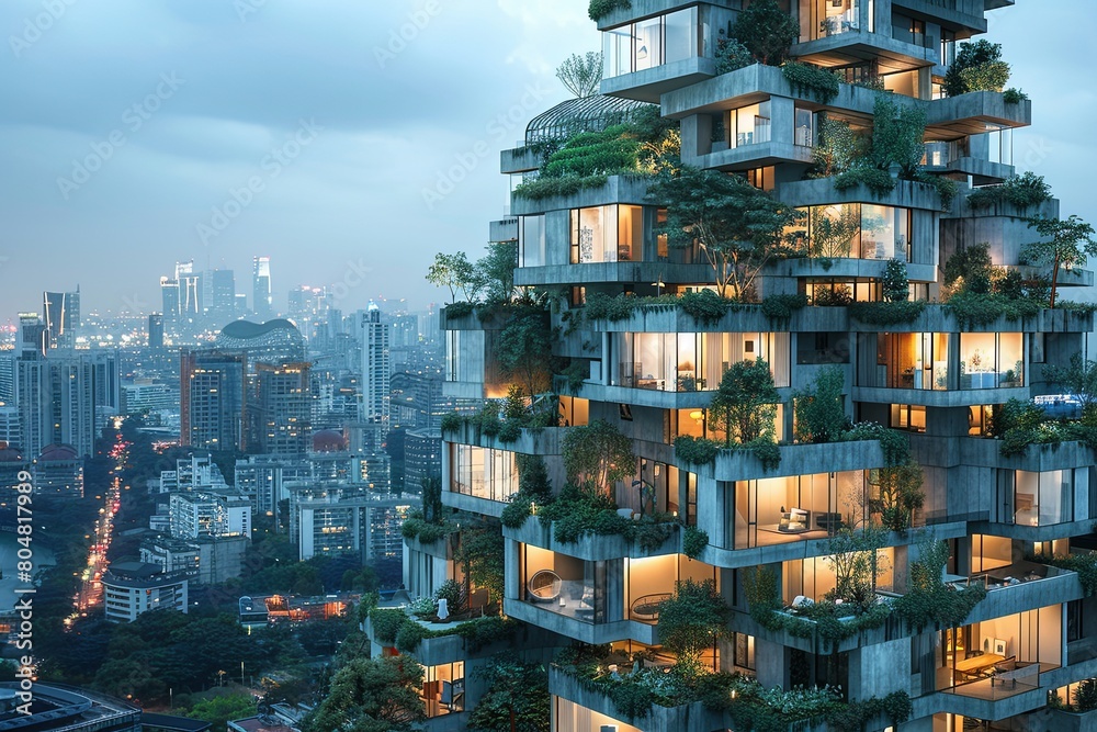 Monolithic Residential Tower With Cascading Balconies and Rooftop ...