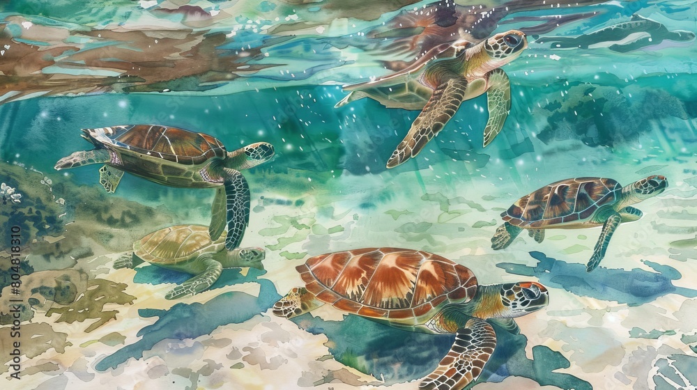 Watercolor depiction of a group of sea turtles in a clear lagoon, the ...
