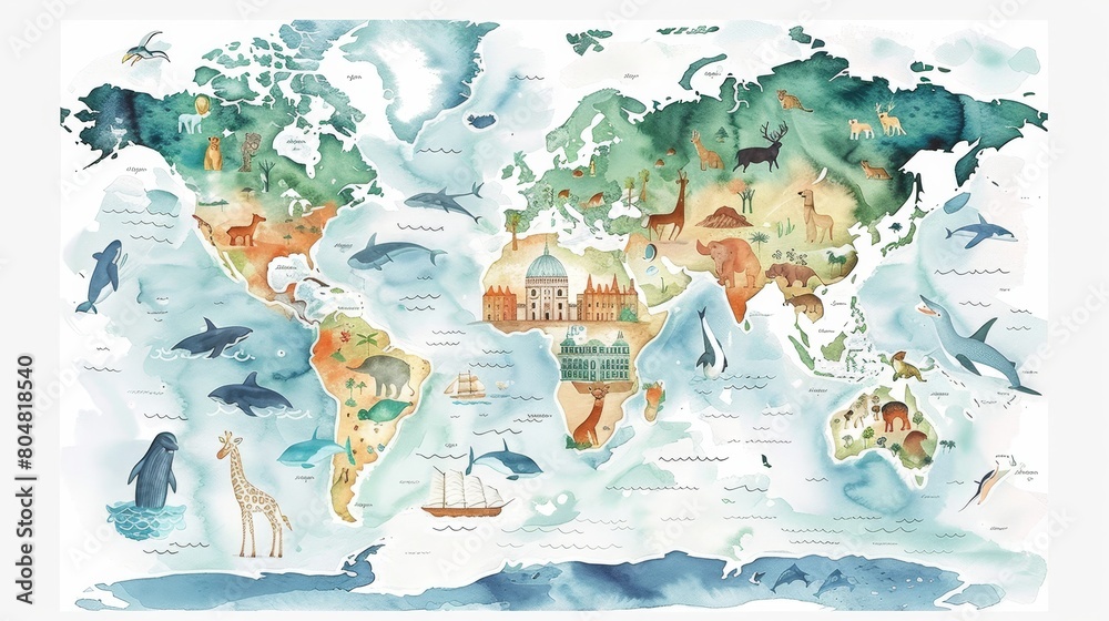 ภาพประกอบสต็อก Watercolor map of the world with continents labeled in a ...
