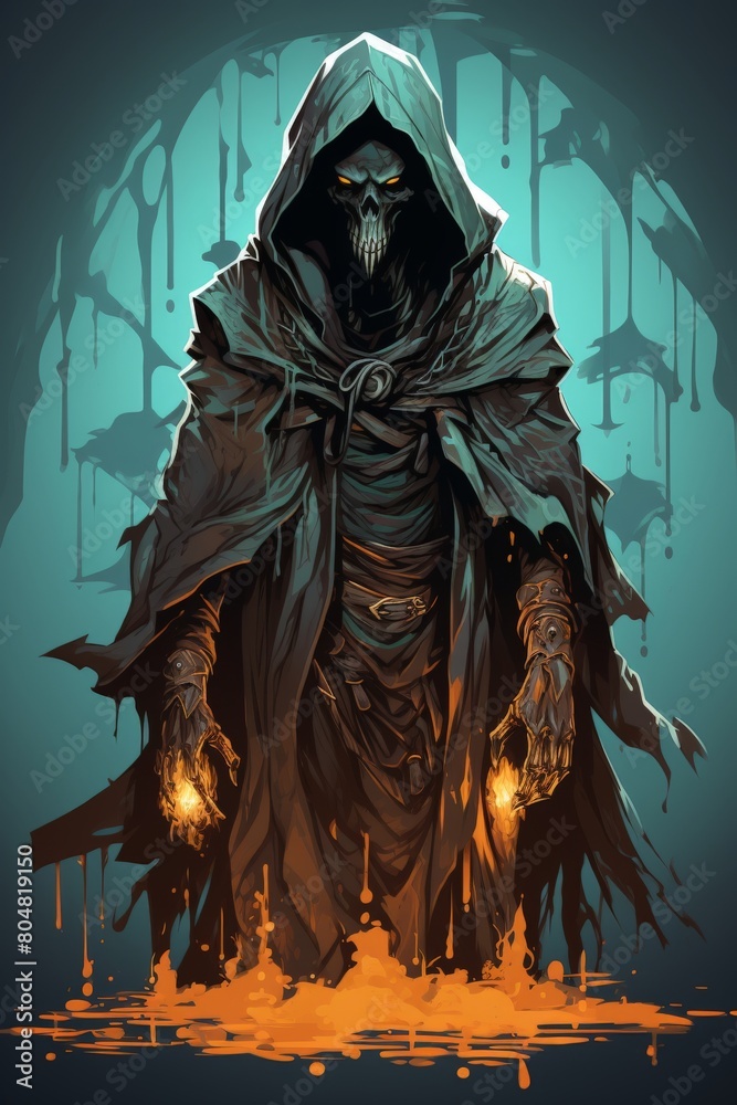 The image is a dark fantasy illustration of a figure in a tattered ...