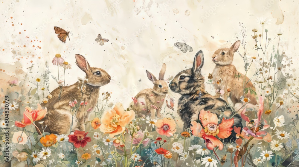 Watercolor painting of a cluster of playful jungle animals gathering by ...