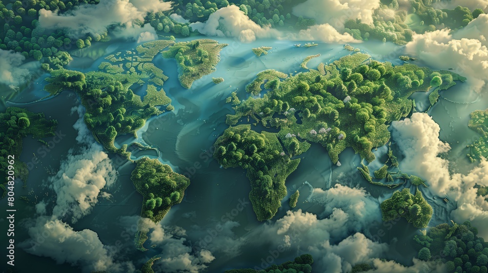 A world map made of green forest, seen from above, with lakes and ...