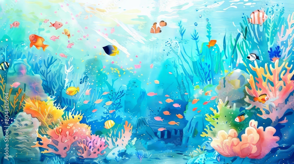 Watercolor painting of a vibrant coral reef teeming with colorful fish ...