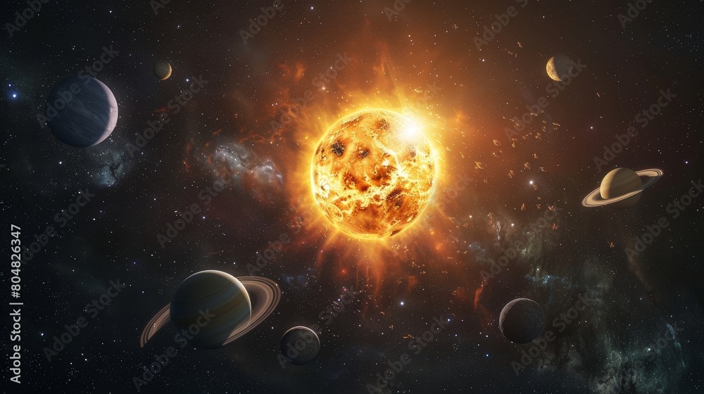 Solar system with star and planets in orbit Stock Illustration | Adobe ...