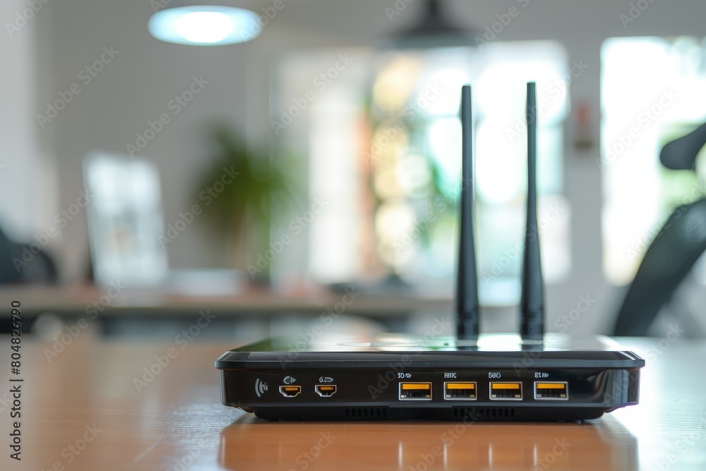 Wi-Fi router on top of office desk Stock Photo | Adobe Stock