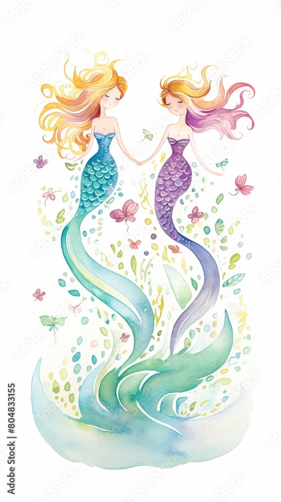Two mermaids holding hands amidst a swirl of watercolor flowers, a ...