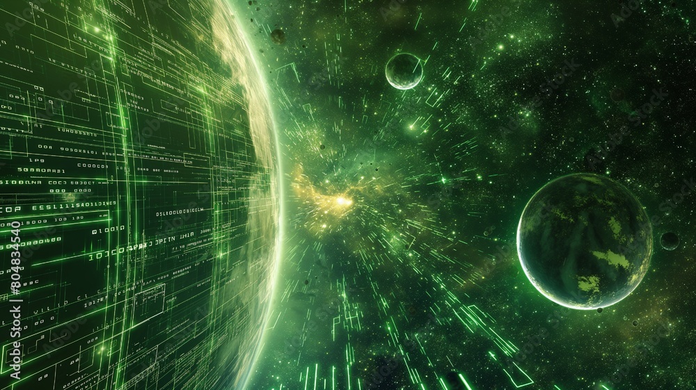 Realistic green grid and lines of binary code that change into the ...