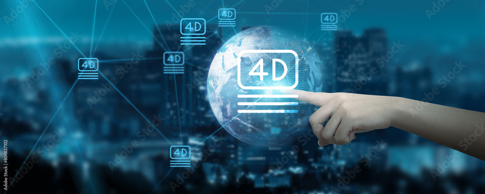 Hand Touching global network connection on a 4D interface, weaving ...