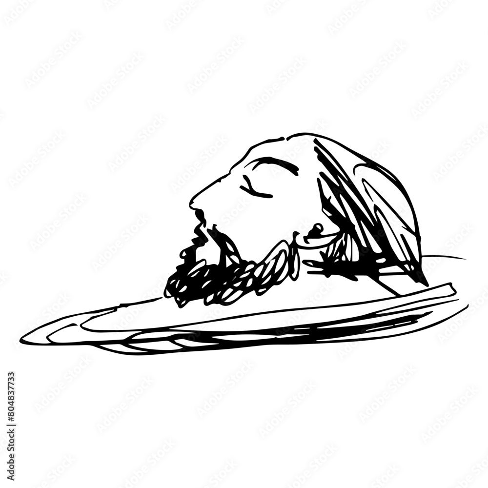 Head of John the Baptist on a plate. Beheaded Christian martyr. Hand ...