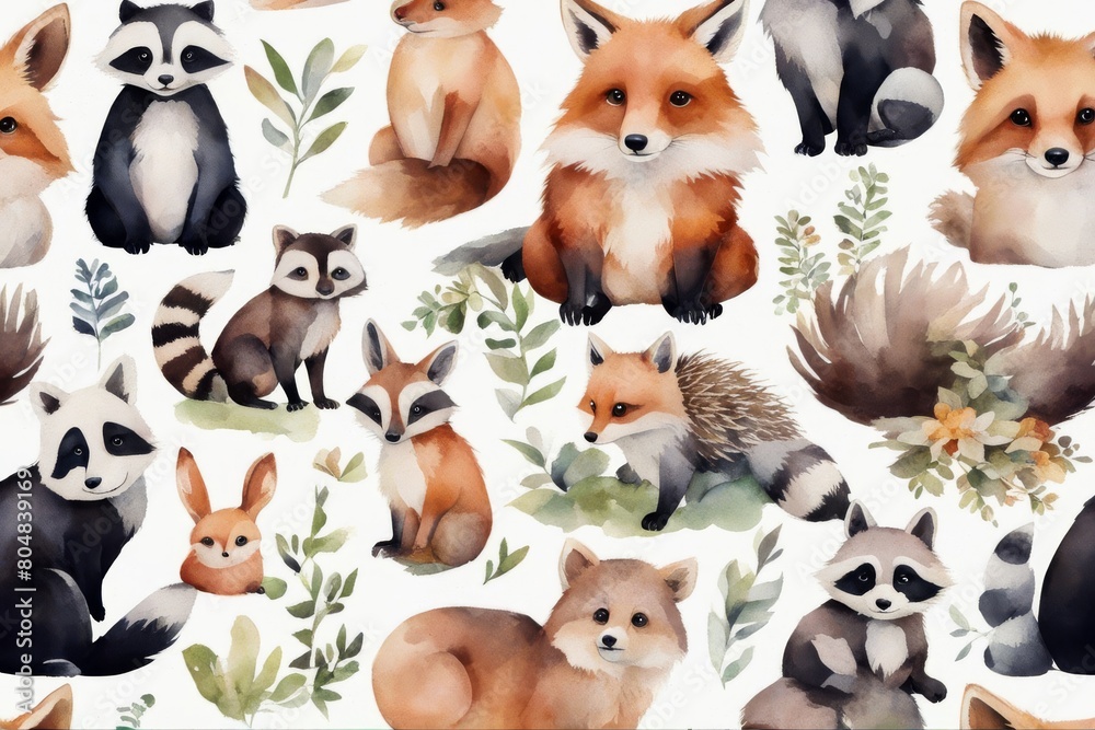 'watercolour fawn fox set animal illustration hedgehog raccoon panda ...