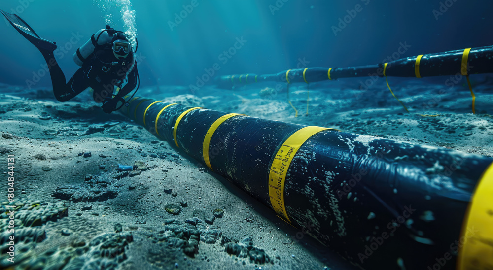A diver inspecting an underwater cable pipe for data transfer. The ...