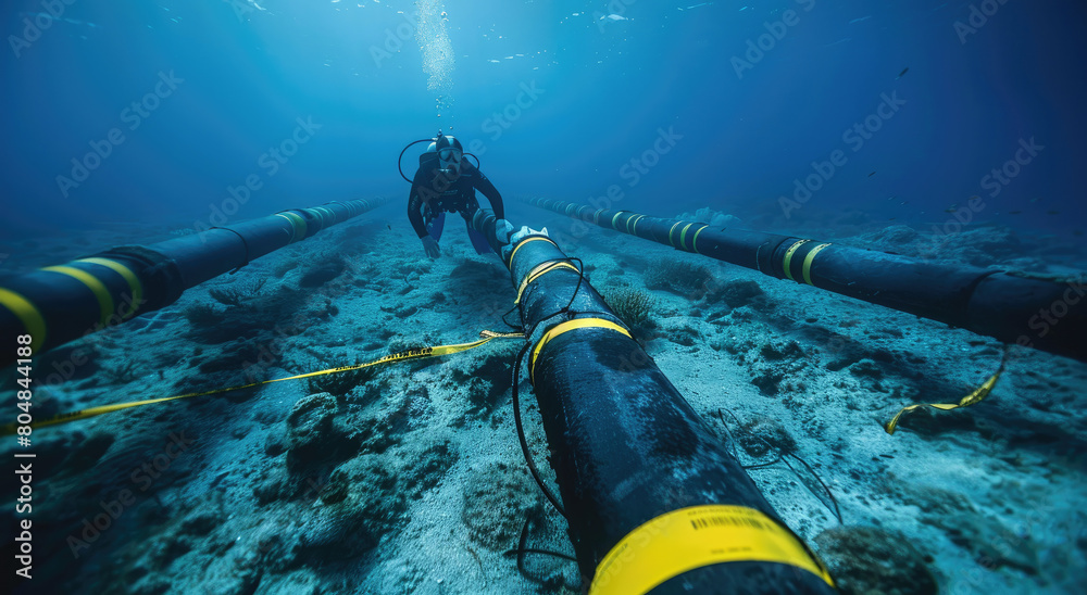 A diver inspecting an underwater cable pipe for data transfer. The ...