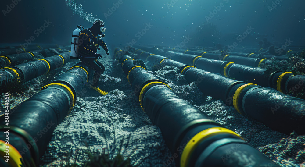 A diver inspecting an underwater cable pipe for data transfer. The ...