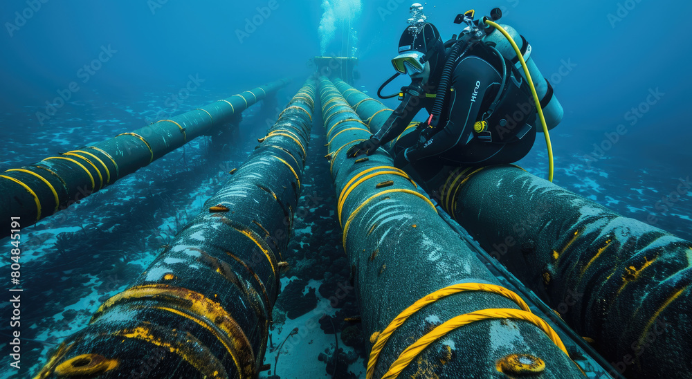 A diver inspecting an underwater cable pipe for data transfer. The ...