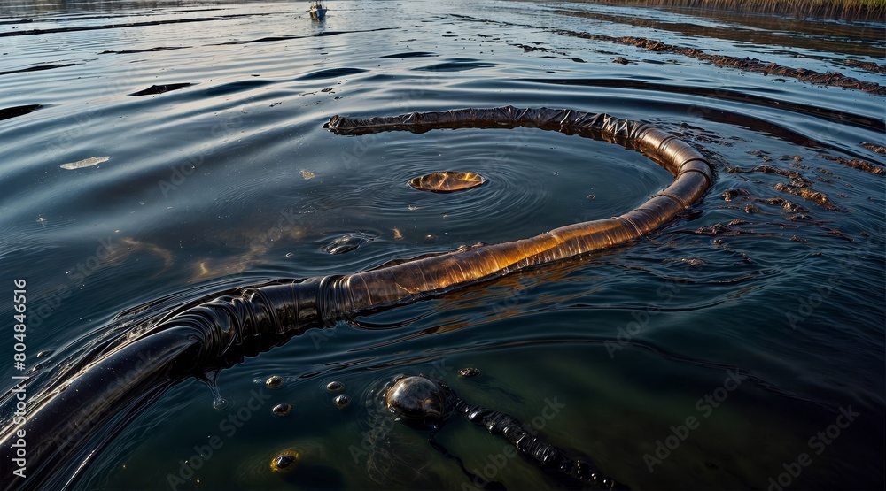 A containment boom snakes through water reflecting the golden light of ...