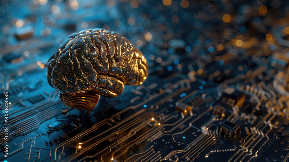 A human brain made of golden wire, placed on top of an electronic ...