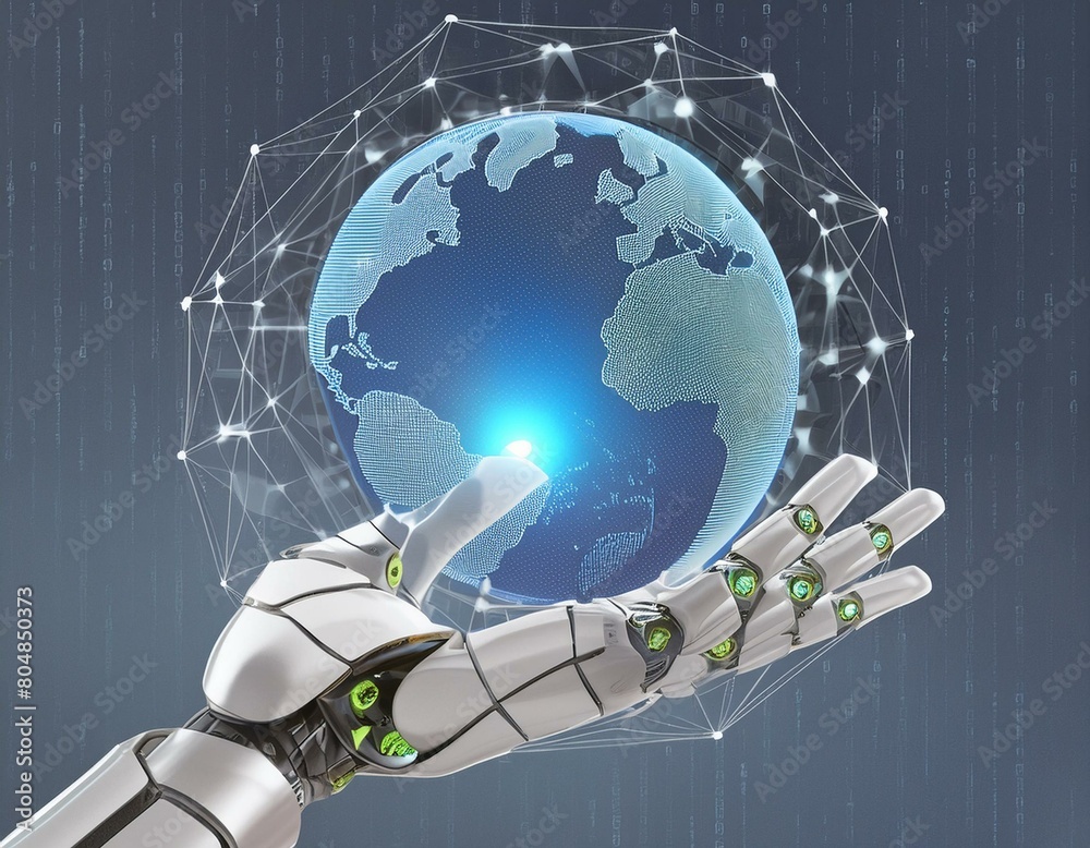 robotic arm interacting with the 3D Earth on the center of a screen and ...