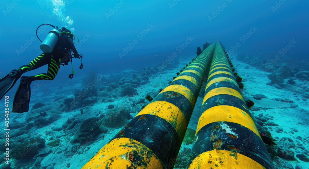A diver inspecting an underwater cable pipe for data transfer. The ...