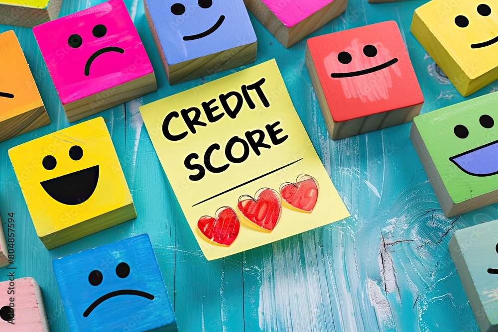 Colorful emoticon blocks and a central sign reading "Credit Score ...