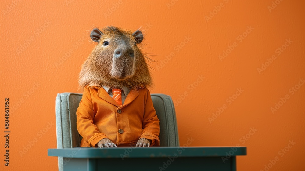 The capybara wears a teacher's outfit, with a necktie, sitting on a ...