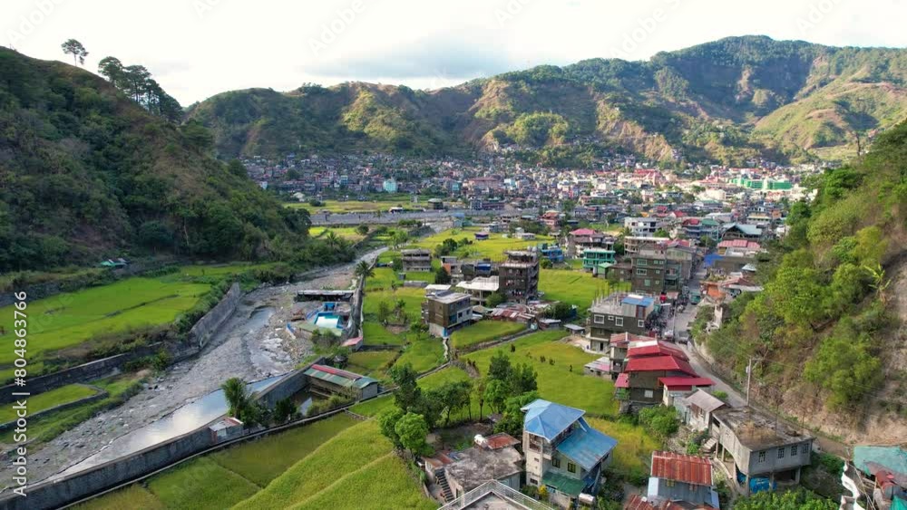 Aerial of the town of Bontoc, the capital of the landlocked province of ...