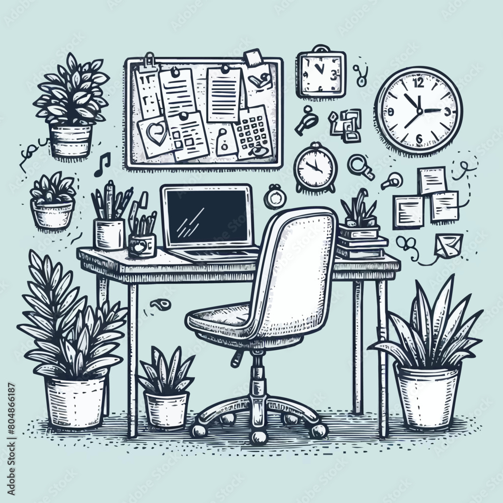 Vetor de Free Vector Work desk hand drawn outline doodle icon. office ...