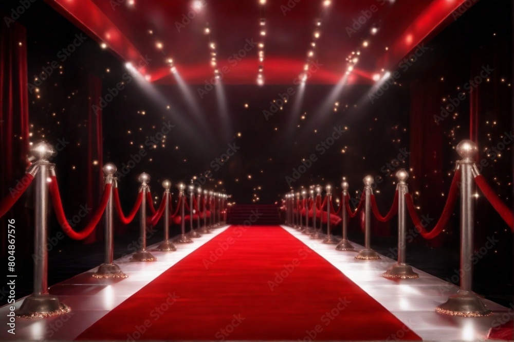 Stunning view of empty theater stage with red velvet curtains between ...