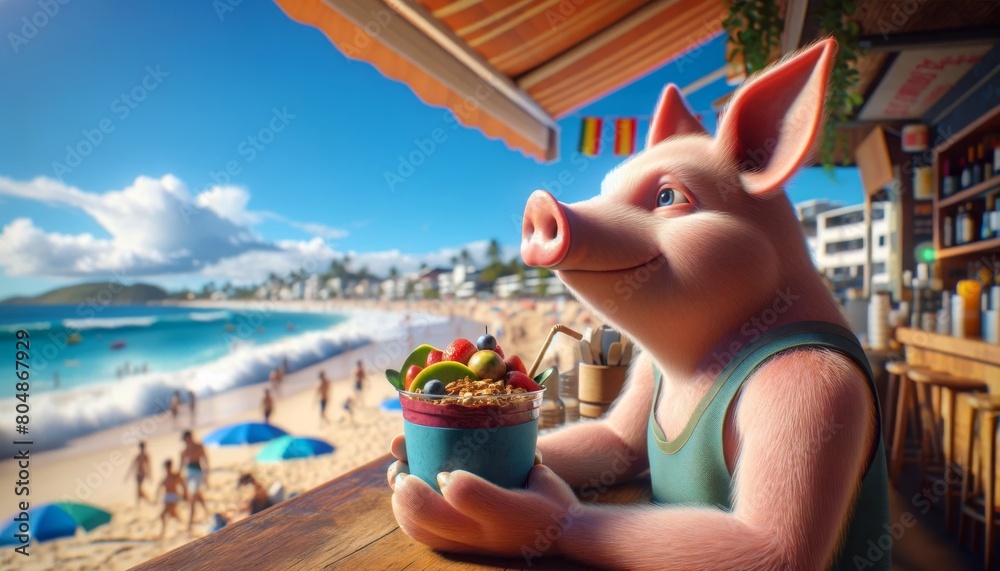 pig sitting on a beach bar having a drink Stock Illustration | Adobe Stock