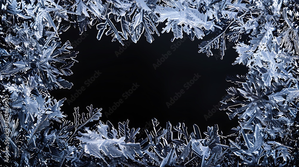 A frame of a frosty pattern of ice crystals on a black background. A ...