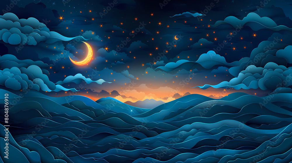 night sky with stars and moon. paper art style. Dreamy background with ...