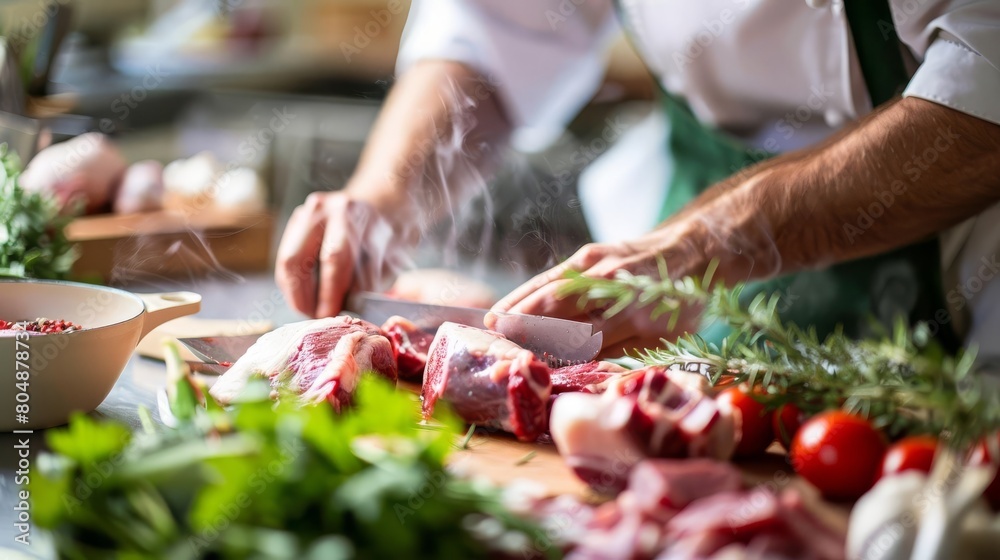 Butcher preparing meat with expert skill, illustrating the art and ...