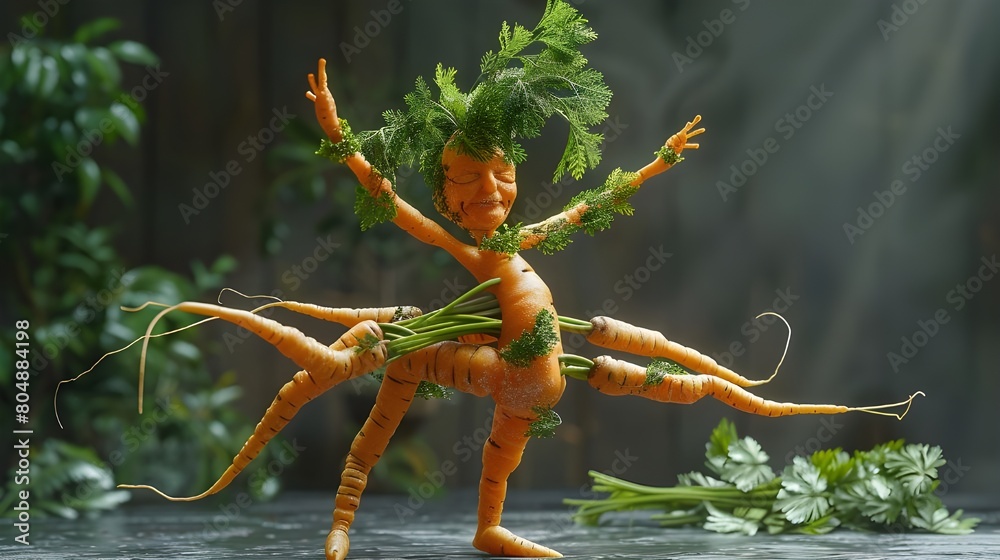Carrot with woman body shape, green carrot leaves on head, dancing ...
