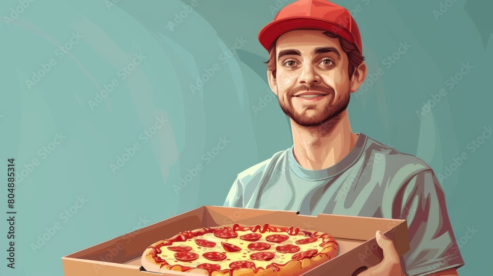 Smiling courier carrying pizza box in white background. Deliveryman ...