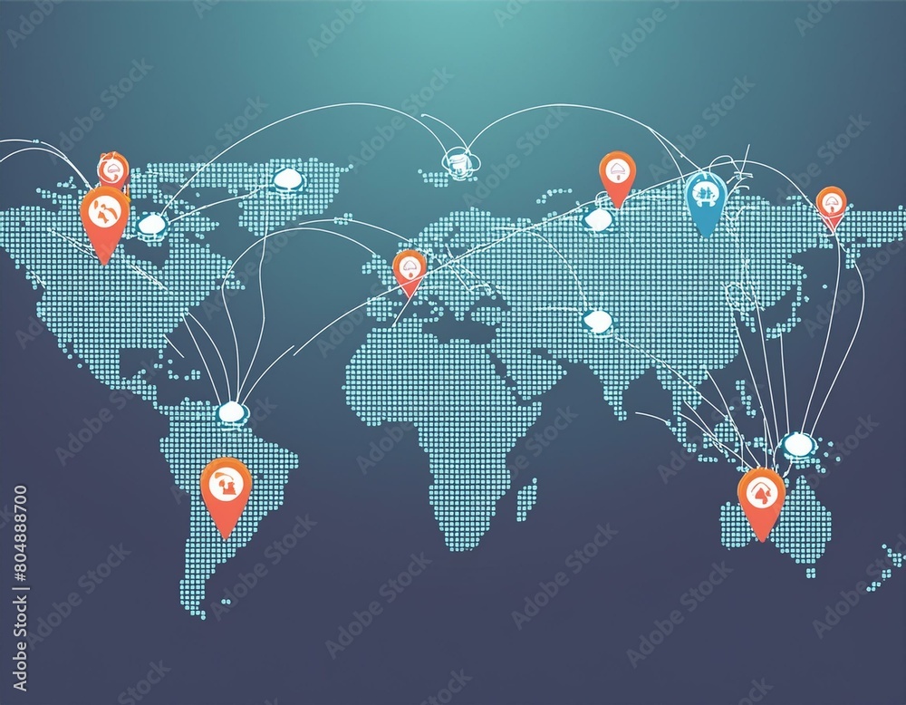 world map with nodes symbolizing hubs connecting various locations ...