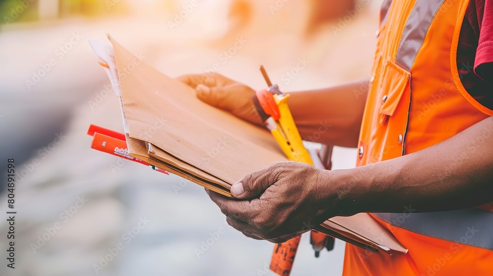 Safety officer conducting a toolbox talk, close view of hands holding ...