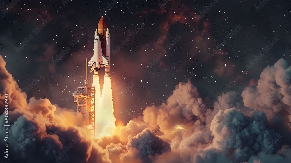 ภาพประกอบสต็อก Powerful Rocket Launching into the Starry Night Sky with ...