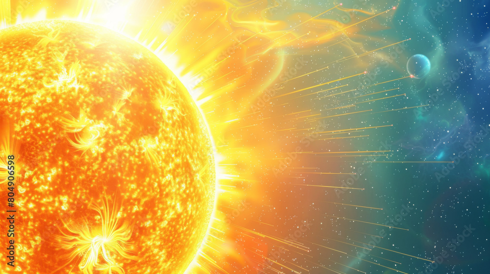 A vivid depiction of the sun emitting a powerful solar wind, with a ...