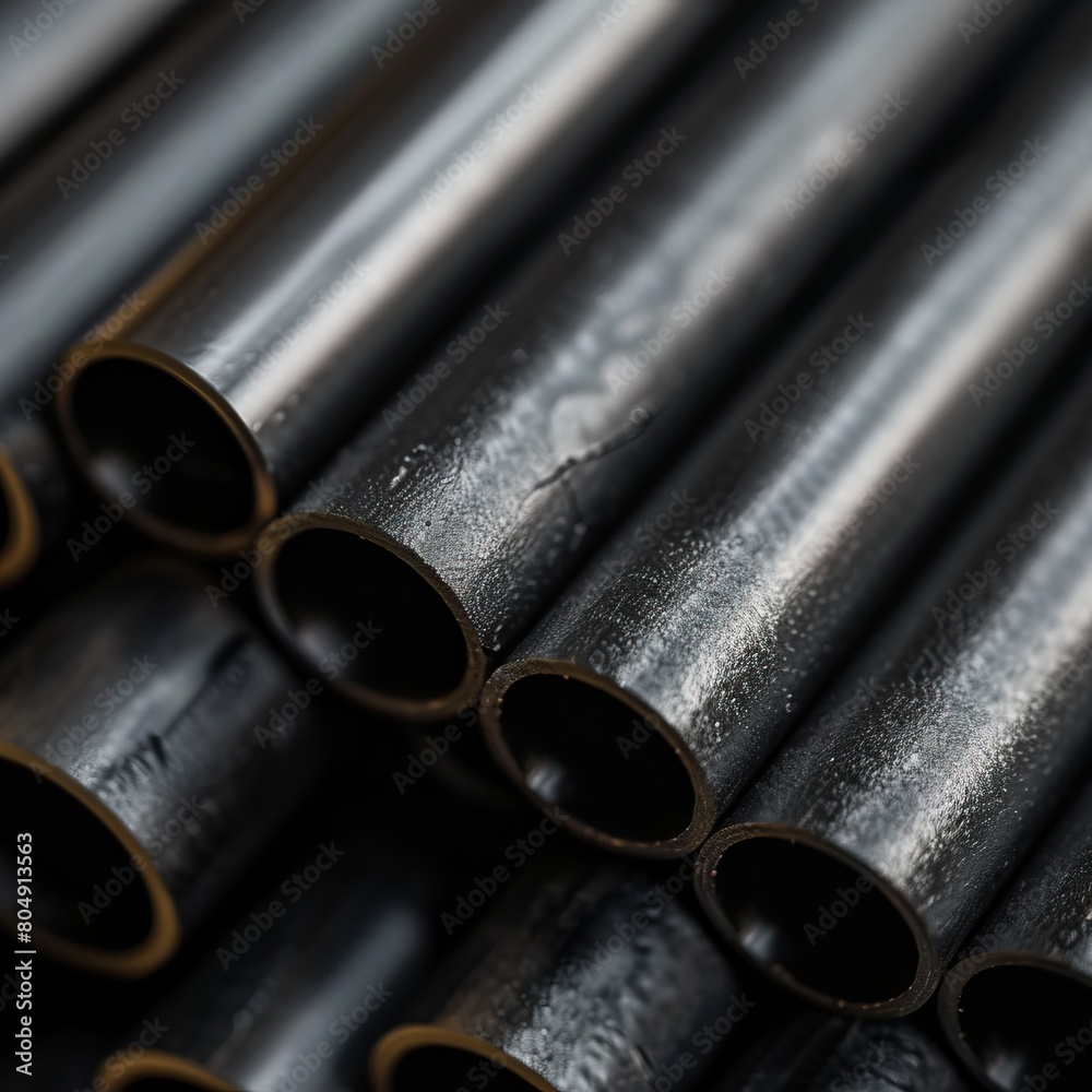 Black metal pipes of different diameters lie on top of each other ...