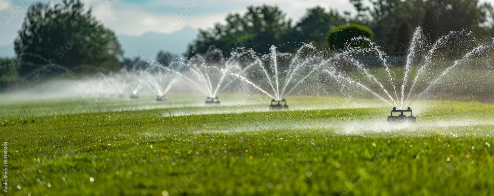 Row of motion activated sprinklers activating sequentially in a ...